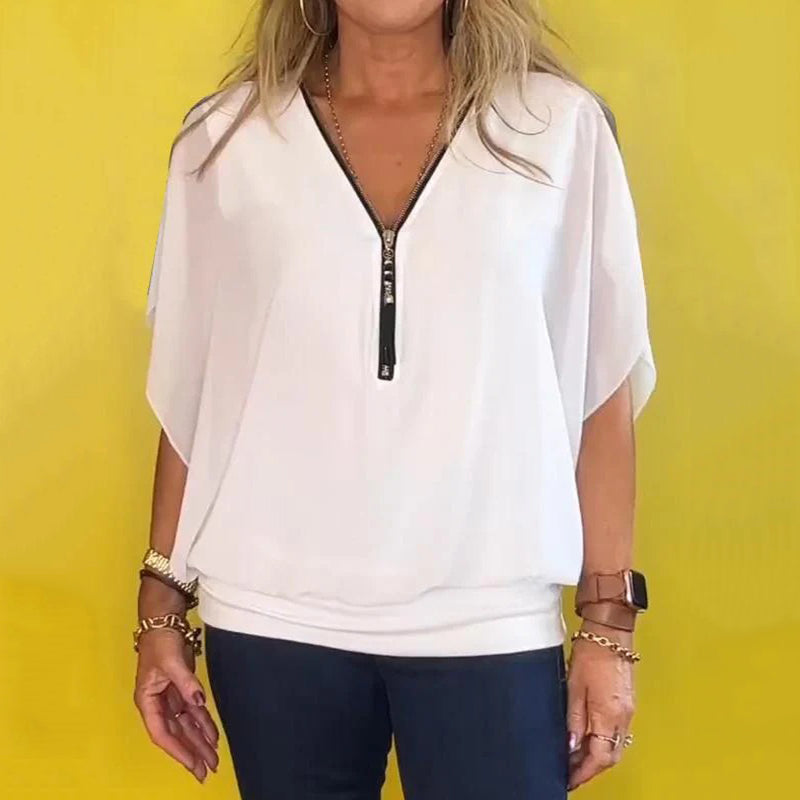 Women's Chiffon Zip-up Neck Casual Top – goodayye